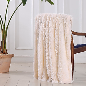 Tuddrom Decorative Extra Soft Faux Fur Blanket Queen Size 80"x90",Solid Reversible Fuzzy Long Hair Shaggy Blanket,Fluffy Plush Fleece Comfy Microfiber Fur Blanket for Couch Sofa Bed,Cream White