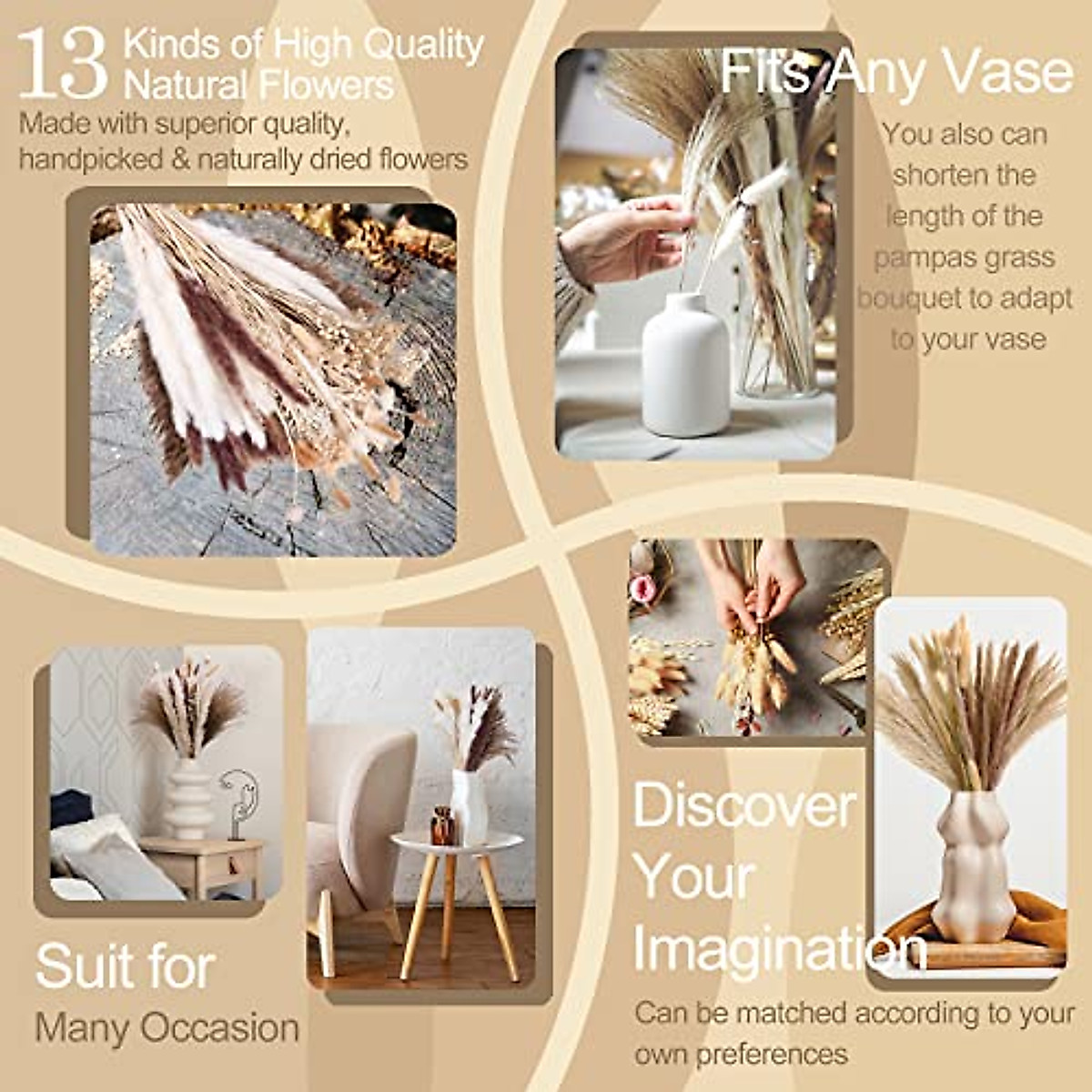 121pcs Dried Pampas Grass Decor, Boho Home Table Fall Decor Dried Flowers, White & Natural Pampas Grass, Reed Grass, Bunny Tails, 17 inch Pompass Grass for Wedding Home Decoration, Farmhouse Party