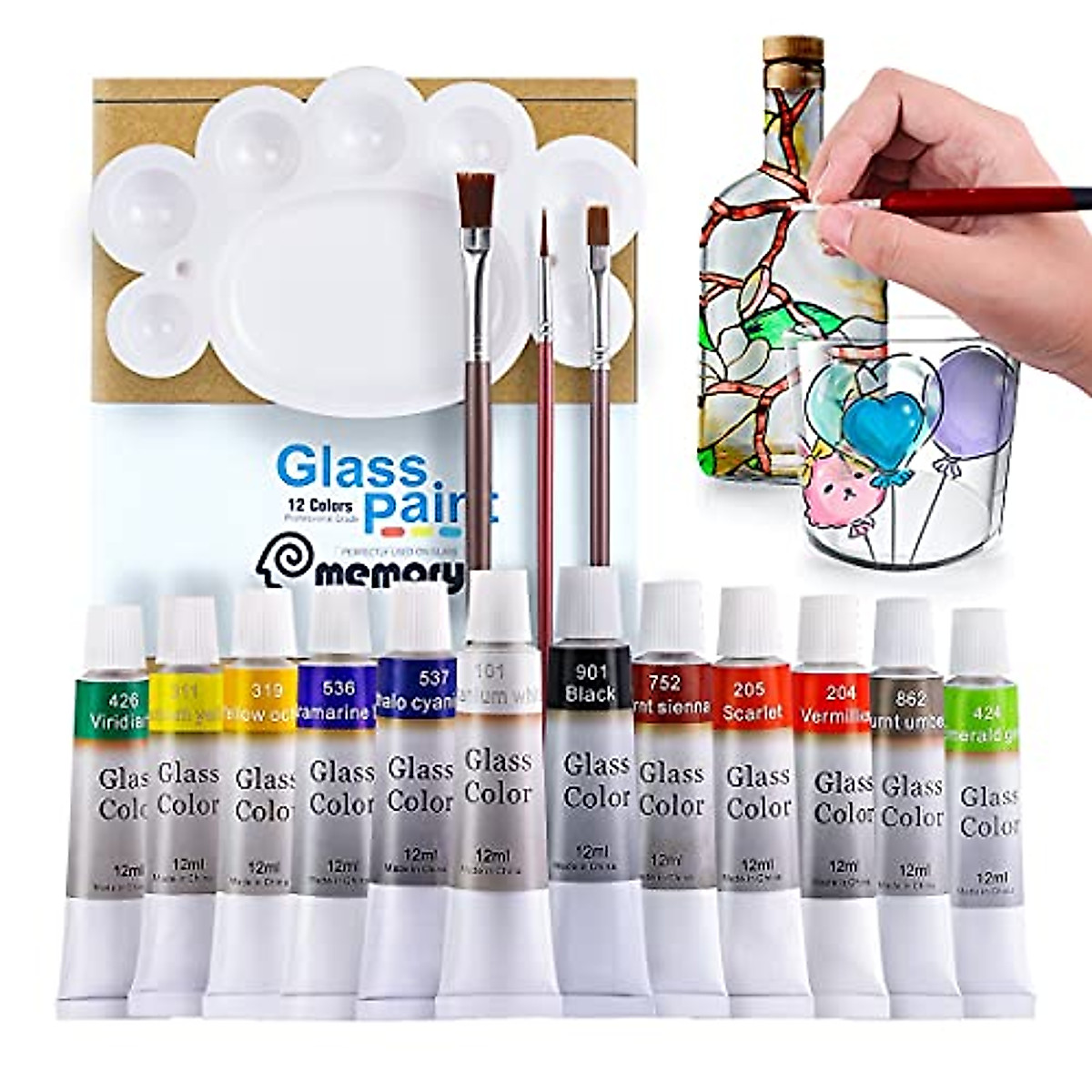 Colorful Stain Glass Paint Kit with 12 Colors, 3 Nylon Brushes, 1 Palette, Permanent Acrylic Enamel Painting Set to Create Translucent Arts on Transparent Wine Glasses, Enamel, Window and Ceramics