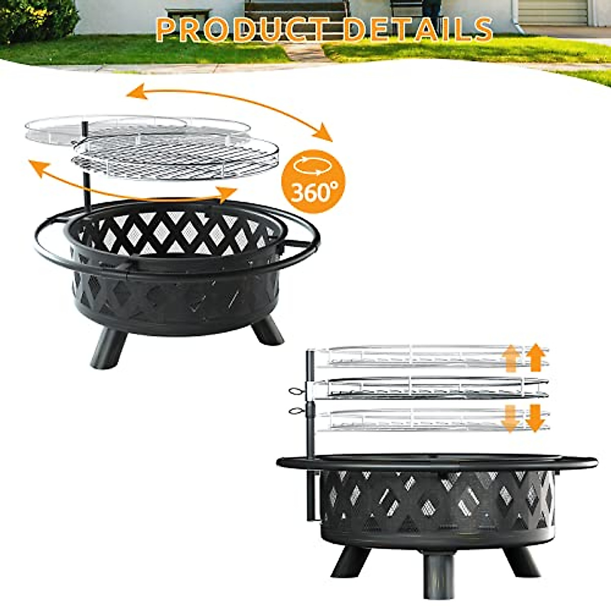 Amopatio Fire Pit for Outside, 30 Inch Large Outdoor Wood Burning Fire Pits, Patio Backyard Firepit with Steel BBQ Grill Cooking Grate, Spark Screen & Poker for Garden, Bonfire, Camping, Picnic