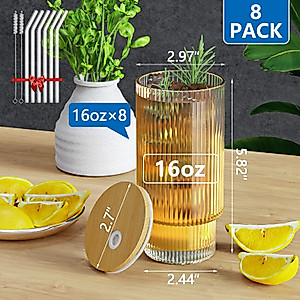 CWHHRN Glass Cups, 16OZ Vintage Glass Coffee Cups with Lids and Straws 8 Set, Vintage Glassware for Whiskey Cocktail Beer, Iced Coffee Cups with Lid, Glass Tumbler with Straw and Lid