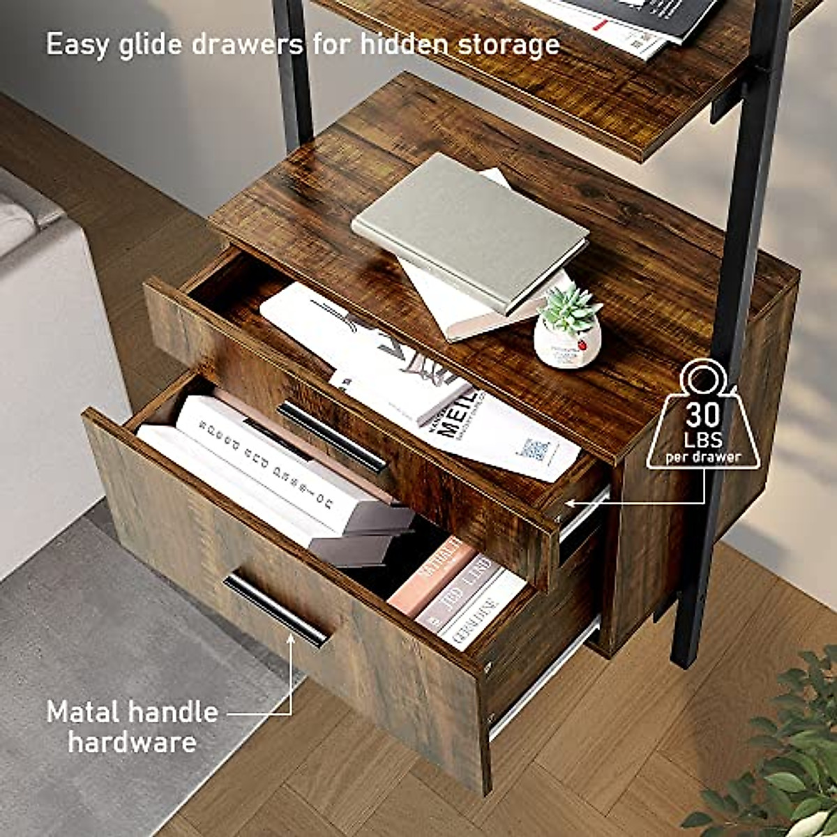 Industrial Wall Mounted Bookshelf with Wood Drawers, 4-Tiers Ladder Shelf Bookcase with Cabinet, Modern Open Book Shelves for Living Room, Bedroom, Home, Office (24 x 12 x 71 Inches, Rustic Brown)