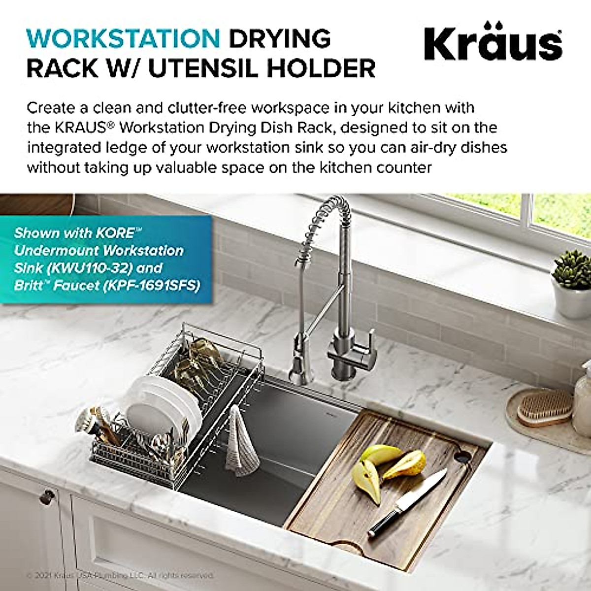 Kraus KDR-3 Kore Kitchen Sink Dish Drying Rack Drainer and Utensil Holder, 17 inch, Silver