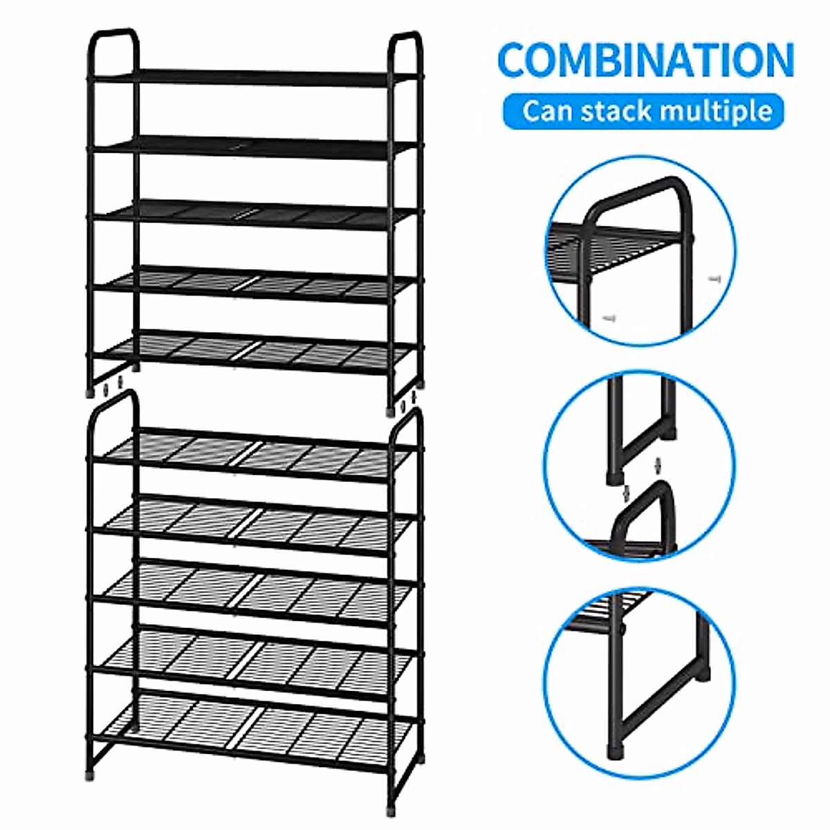 Simple Trending 5-Tier Stackable Shoe Rack, Expandable & Adjustable Shoe Organizer Storage Shelf, Wire Grid, Black