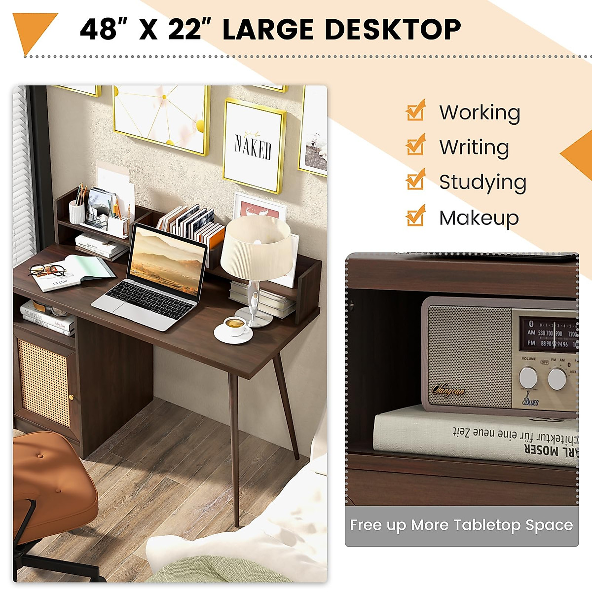 Tangkula Mid Century Desk with Hutch, 48” Writing Study Desk with PE Rattan Storage Cabinet & Shelves, Laptop PC Desk with Rubber Wood Legs, Compact Computer Workstation for Home Office (Brown)