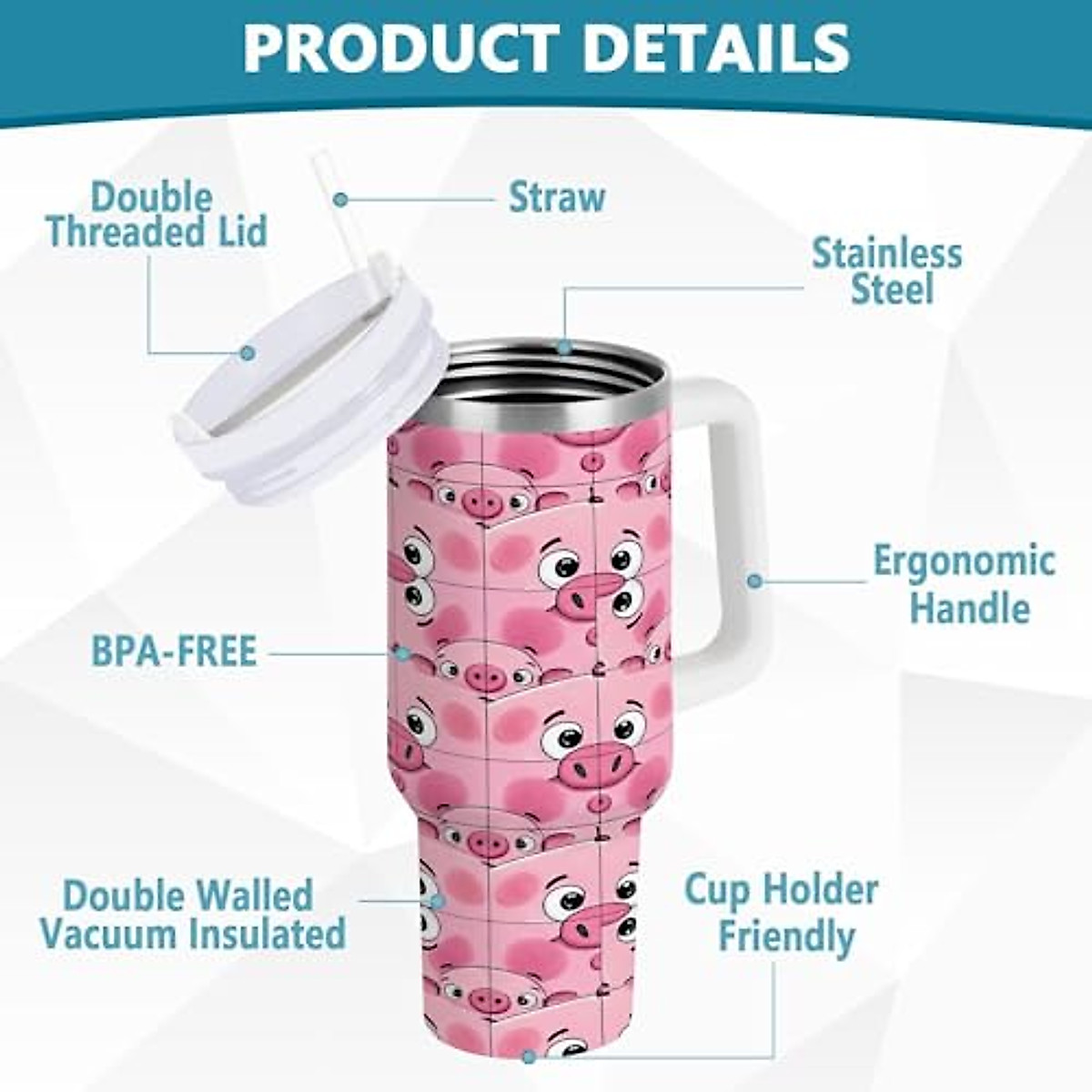 RPLIFE Cute Pig Faces Pink Travel Coffee Tumbler, Stainless Steel Mug, Cups with Lids