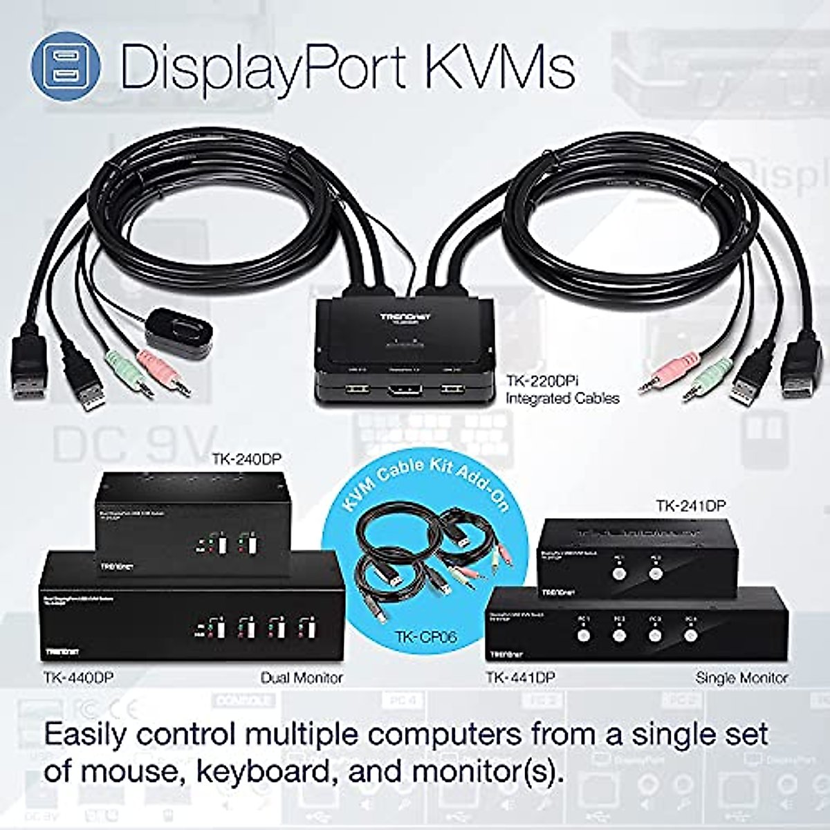 TRENDnet 6 ft. Display Port, USB, and Audio KVM Cable Kit, Compatible w/ TK-240DP KVM Switch, DisplayPort 1.2, USB Mouse/Keyboard, 3.5mm Audio Connections, TK-CP06