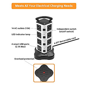 Surge Protector Power Strip Tower with Night Light, Lazy Elf Extension Cord 8 AC Multi Smart Plug Outlets with 4 USB Ports, Flat Plug Outlet (White)