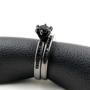 Women's 2pc Black Gold Filled Black CZ Diamond Wedding Engagement Ring Bridal Sets Wedding Band Solitaire Set (size 9)