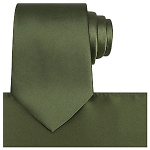 KissTies Dark Olive Green Satin Tie Set Solid Ties Mens Necktie + Pocket Square