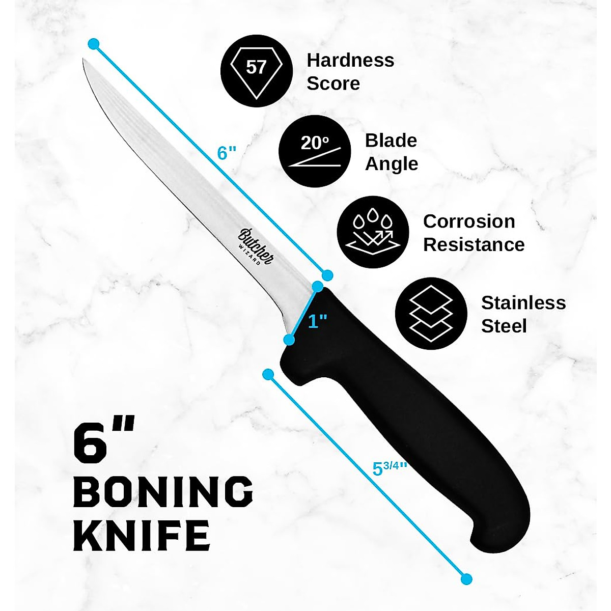Butcher Wizard 6" Boning Knife | Best Professional Boning Knife for Chefs and BBQ Lovers | Flexible Butcher Fillet Knife Cuts Silverskin and Excess Fat | Great All-Around Meat Trimming Knife