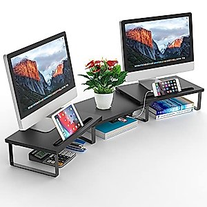AQQEF Dual Monitor Stand Riser, Adjustable Length and Angle, Computer Monitor Desk Shelf with USB3.0 and Slot for Tablet and Cellphone, Wooden Desktop Oraganizer Stand for 2 Monitors