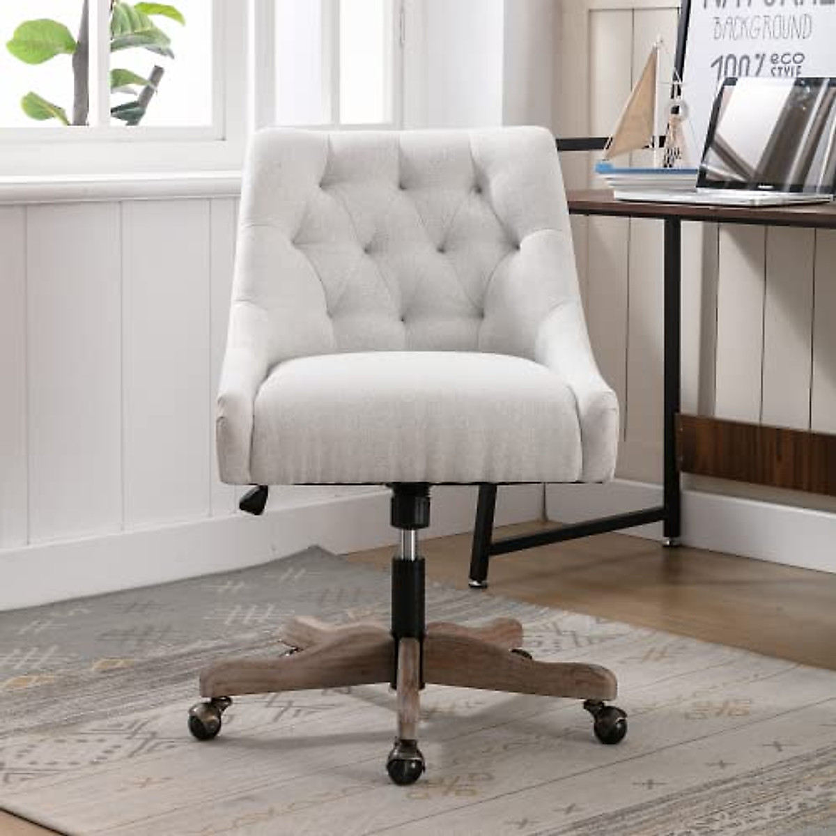 Swivel Home Office Chair, Modern Fabric Upholstered Tufted Accent Computer Desk Chair with Ergonomic Wide Backrest and Wooden Legs, Height Adjustable Swivel Vanity Chair for Office, Beige