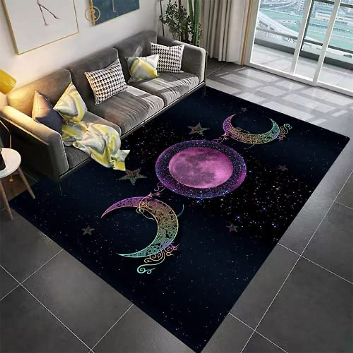 Galaxy Triple Moon Goddess Wiccan Pagan Witch Decor Non-Slip Mats Soft Luxury Rug Floor Carpet for Living Room Indoor Gothic Decor Goth Decor 5'x7'
