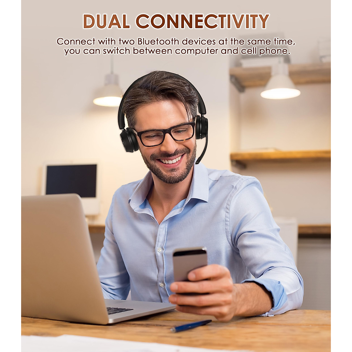 (Upgraded Version) Wireless Headset, Bluetooth Headset with Noise Cancelling Microphone, Best Headset with Mic Mute & USB Dongle for PC/Computer/Laptop/Cell Phones/Remote Work/Call Center