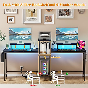 Furologee 2 Person Gaming Desk with LED Lights, 71 Inch Computer Desk with Power Outlets and Monitor Stand, Double Desk with Storage Bag and Headphone Hooks, Study Writing Table for Home Office, Black