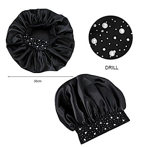 YeeMan Hair Bonnet Glittering Pearls and Rhinestones Satin Bonnet Wide Band Sleeping Cap (Black)