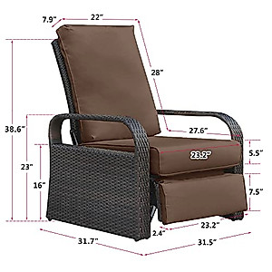 BABYLON Outdoor Wicker Recliner, Patio Recliner Adjustable Chair with 5.11" Cushions and Ottoman, UV/Rust/Weather Resistant/Aluminum Frame/Hand Woven, Brown Color