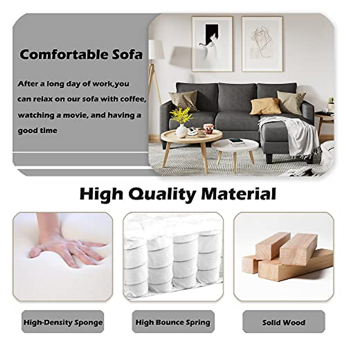 YESHOMY Convertible Sectional 3 L-Shaped Couch Soft Seat with Modern Linen Fabric, Small Space Sofas for Living Room, Apartment and Office, 70'', Charcoal