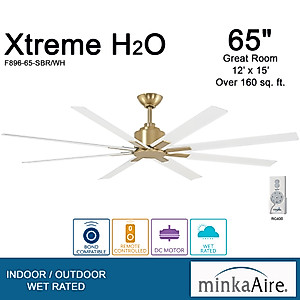 MINKA-AIRE F896-65-SBR/WHF Xtreme H2O 65 Inch DC Motor Outdoor Ceiling Fan with Remote Control in Soft Brass Finish with Flat White Blades