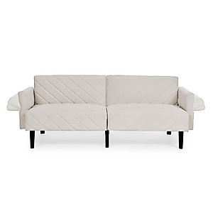 OUYESSIR 78 inch Velvet Futon Sofa Bed, Small Couch, Convertible Futon Sleeper Sofa with Folding Armrests, Modern Loveseat Couch for Bedroom, Living Room (Beige)