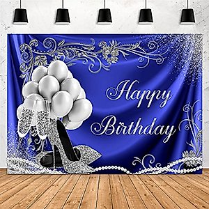 Aperturee 7x5ft Happy Birthday Backdrop Glitter Silver and Blue Dots Balloons High Heels Glasses Photography Background Adult Girls Women Sweet 16 Party Decoration Cake Table Banner Photo Booth Studio