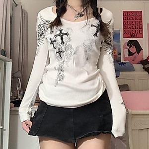Grunge Clothes for Women Y2K Tops Long Sleeve Fairy Grunge Aesthetic Shirts Teen Girls Vintage Graphic Tees Fall (Aa- White, S)