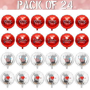Whaline 24Pcs Nurse Graduation Balloons Set Congrats Nurse Party Balloons 18 Inch Red Silver Graduation Foil Balloons for Graduation Party Supplies Home School Backdrop Decorations