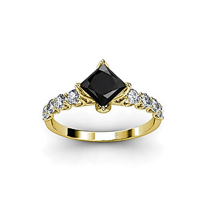 Princess Cut & Round Cut Black Diamond & Cubic Zirconia 14k Yellow Gold Platted 925 Sterling Silver Engagement Ring for Women (5.5)