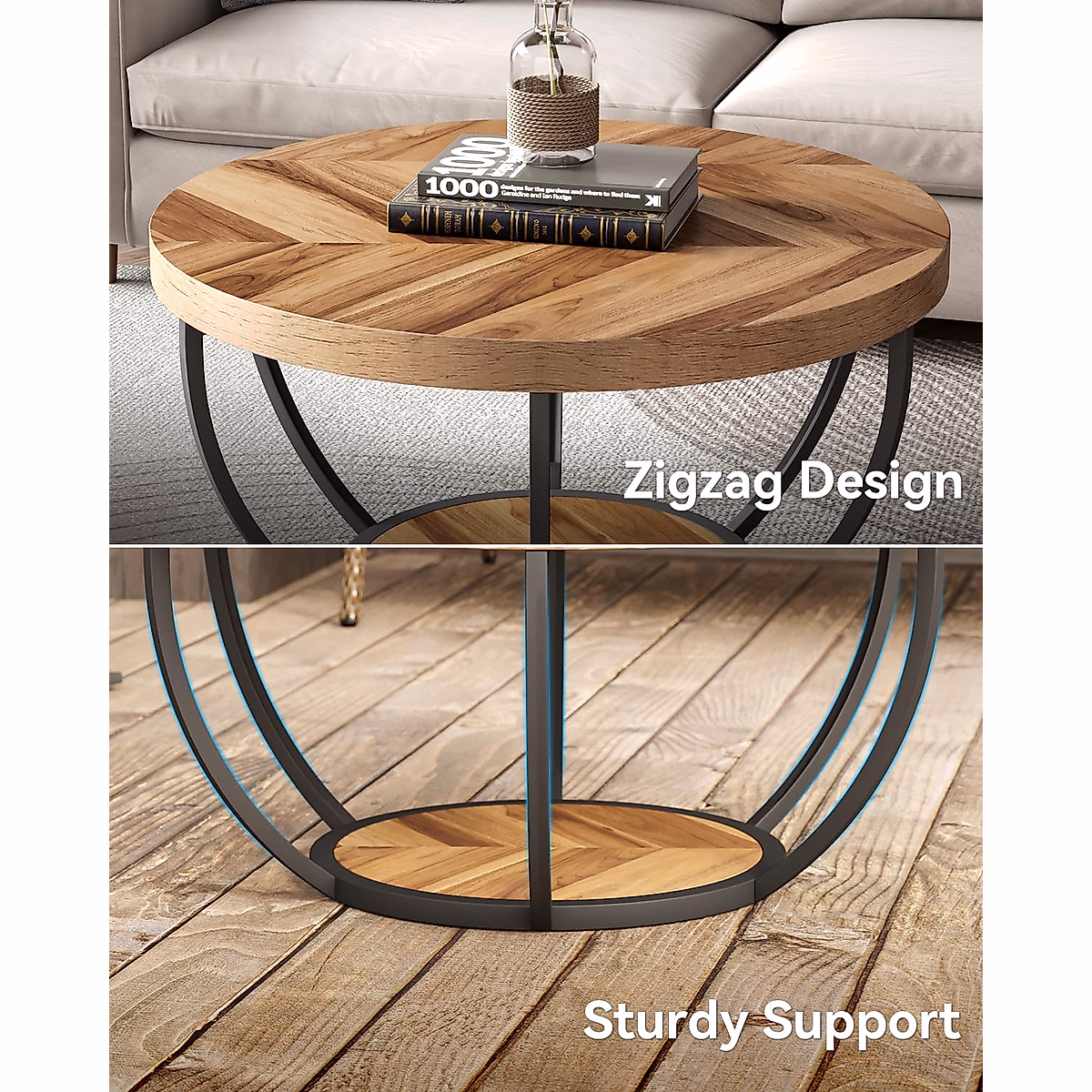 LITTLE TREE Round Coffee Table, 32" Circle Coffee Table for Living Room, 2-Tier Wood Accent Center Table with Open Storage Industrial Design Home Furniture (Wood Grain and Black)