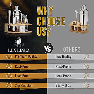 LUX LINEZ Bartender Kit-Cocktail Shaker Set with Anti-Slip Bamboo Stand-10 pcs Cocktail Set with All Essential Bar Tools-Cocktail Kit for Your Home and an Awesome Bar Set for a House Warming Gift