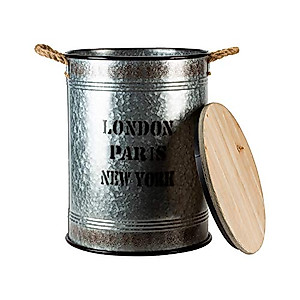 Organize It All Cobblestone Metal Storage Bin Décor, Set of 2 Multi Sized, with Wooden Lid and Handles, in Grey