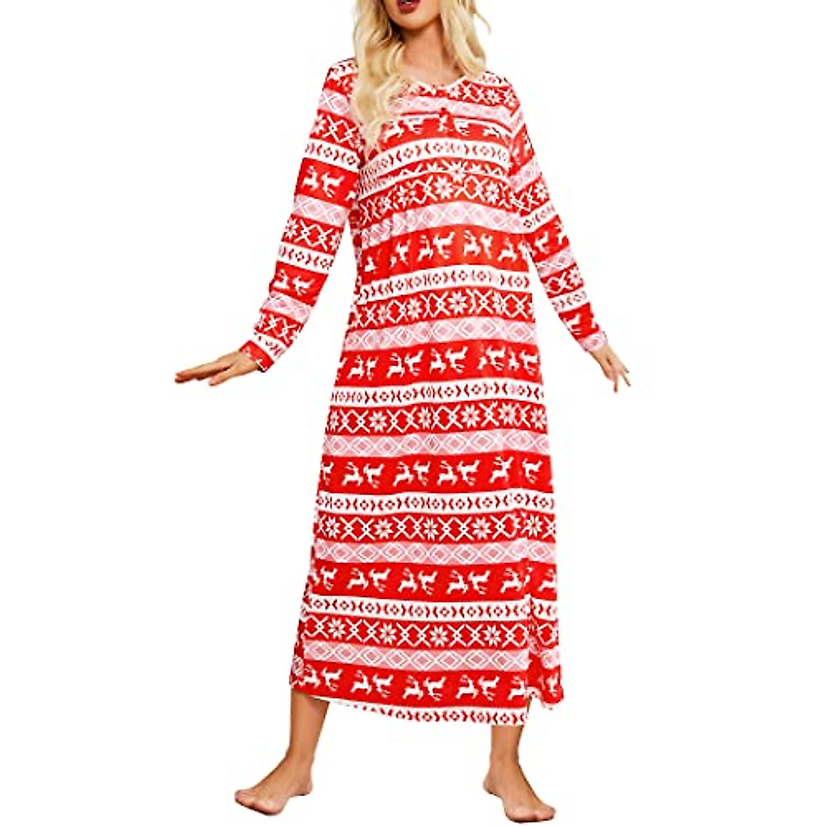 Ekouaer Women's Christmas Nightgown Long Sleeve Modest Nightshirt Warm Cotton Sleepshirt for Women Sleepwear