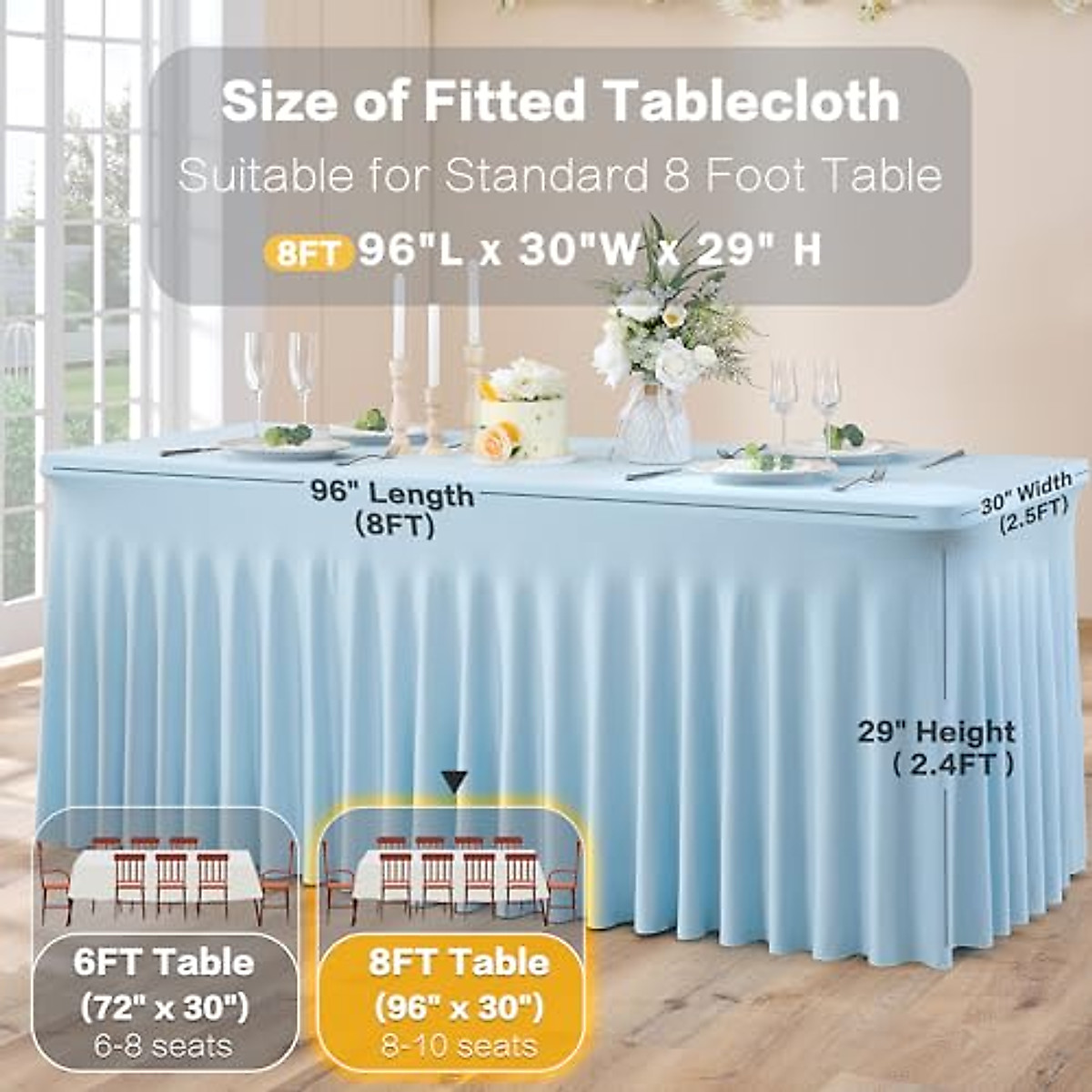 Htper Spandex Baby Blue Table Clothes for 8 Foot Rectangle Tables, Wrinkle Free Table Cloth 8ft Stretchy Tablecloths with Skirt for Parties Weddings Birthday Banquet Baby Shower, 1 Pack