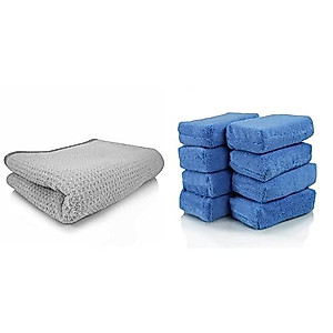 Chemical Guys MIC_781_01 Waffle Weave Gray Matter Microfiber Drying Towel (25 in. x 36 in.) and Chemical Guys MIC_292_08 Premium Grade Microfiber Applicators, Blue (Pack of 8) Bundle