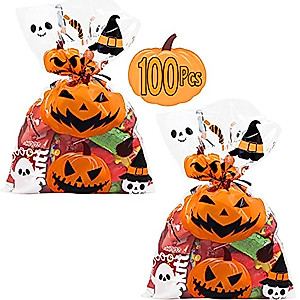 AnapoliZ Halloween Treat Bags | 100 pcs (6” x 9” Inch) |2.5 Mil Crystal Clear Cellophane Bags with Halloween Designs | Pumpkins, Witches Cello Bags | Halloween Party Decorations, Spooky Treat Bags