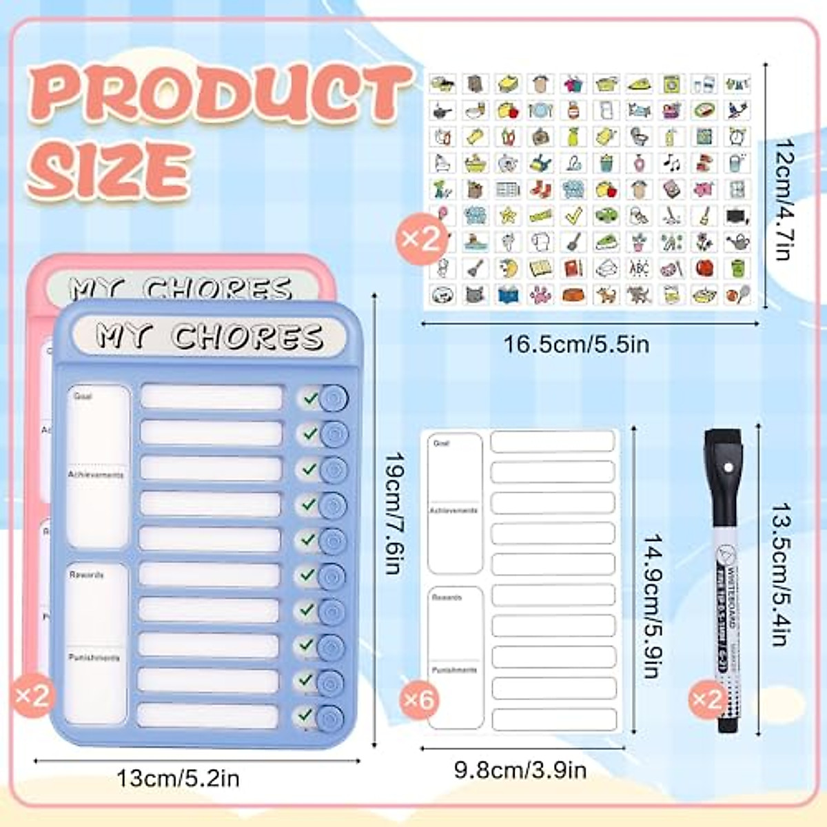 2 Pcs Dry Erase Chore Chart ADHD Tools for Kids Reusable to Do List Checklist Board with 6 Double Sided Erasable Detachable Cardstock RV Daily Routine Schedule Board for Home Desk (Blue, Pink)