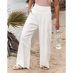 Women Cotton Linen Pants Elastic High Waisted Palazzo Lounge Pants Loose Beach Trousers with Pockets (White, XL)