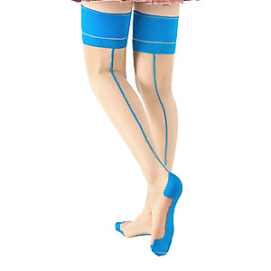 Littleforbig Backseam Thigh High Sheer Colored Silk Stockings with Colored Cuffs 2 Pairs - Blue Black