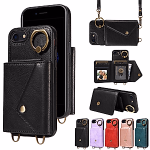 YIRRANZD Crossbody Wallet Case for iPhone SE 2020 / SE 2022/8 / 7 with Card Holder, Leather Case with Long Shoulder Strap, Purse Shockproof Flip Cover for iPhone SE 2020 / SE 2022/8 / 7 (Black)