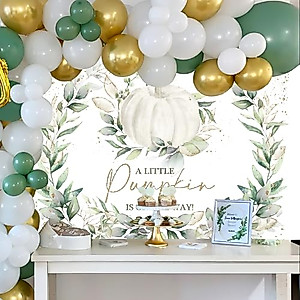 Mocsicka Greenery Gold Pumpkin Baby Shower Backdrop White Pumpkin Baby Shower Background Autumn Fall Baby Shower Party Decorations Banner Photo Studio Props (7x5ft)