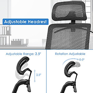 POWERSTONE Ergonomic Office Chair - High-Back Computer Desk Mesh Chair with Clothing Hanger - Executive Swivel Task Chair with Adjustable Arms and Head Rest (Gray)