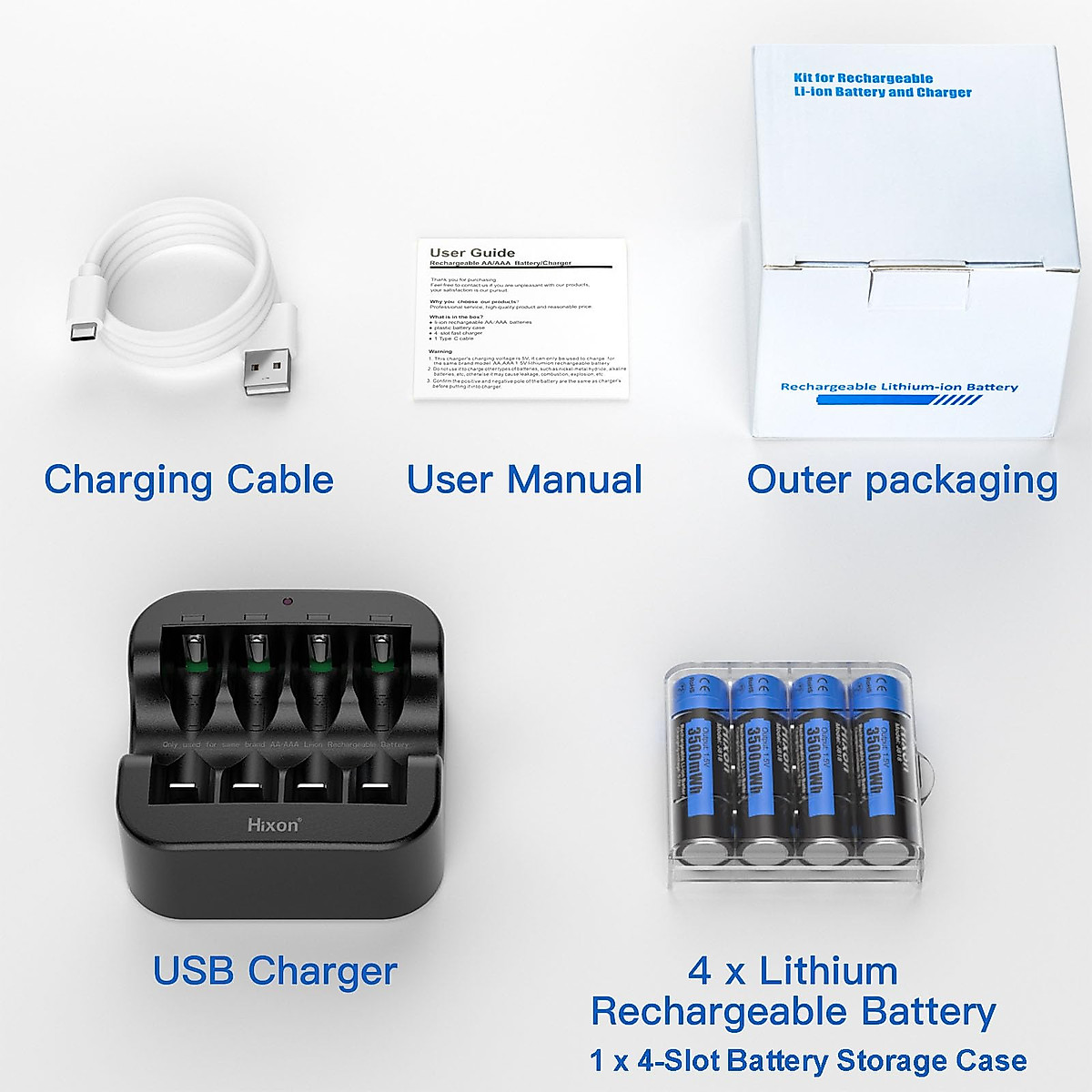Hixon Rechargeable AA Batteries with Charger, 3500mWh AA Rechargeable Batteries,1.5V Constant Output,1600 Cycles Rechargeable Lithium AA Batteries,Max 3A Current,for Home&Office Use[4xAA+1xCharger]