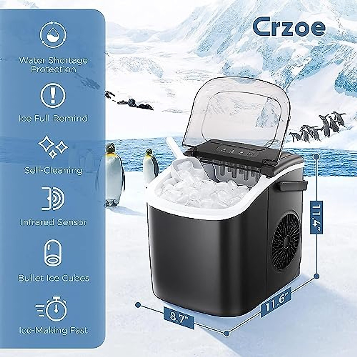 Countertop Ice Maker Machine, Portable Ice Maker with Handle, 27lbs/24Hrs, 6Mins/9 Pcs ice Cubes, Self-Cleaning Ice Maker with Ice Basket/Scoop, Ice Makers Countertop for Home/Kitchen/Office(Black)