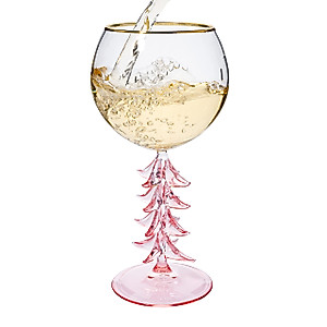 Crystal Winter Tree Stemmed Wine Glass - Pink - 12oz Goblet Bordeaux Gold Rim Colored Glassware, Cheerful Party Festive New Years Cheer for Winter Gift