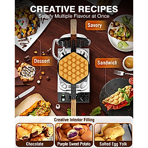 PYY Bubble Waffle Maker - Commercial Egg Puff Waffle Iron Machine, 1500W 122-482℉ Electric Stainless Steel Hong Kong, 30 Egg Cones | 180° Rotating| Black Non-stick Coating | Crumb Tray | Wooden Handle