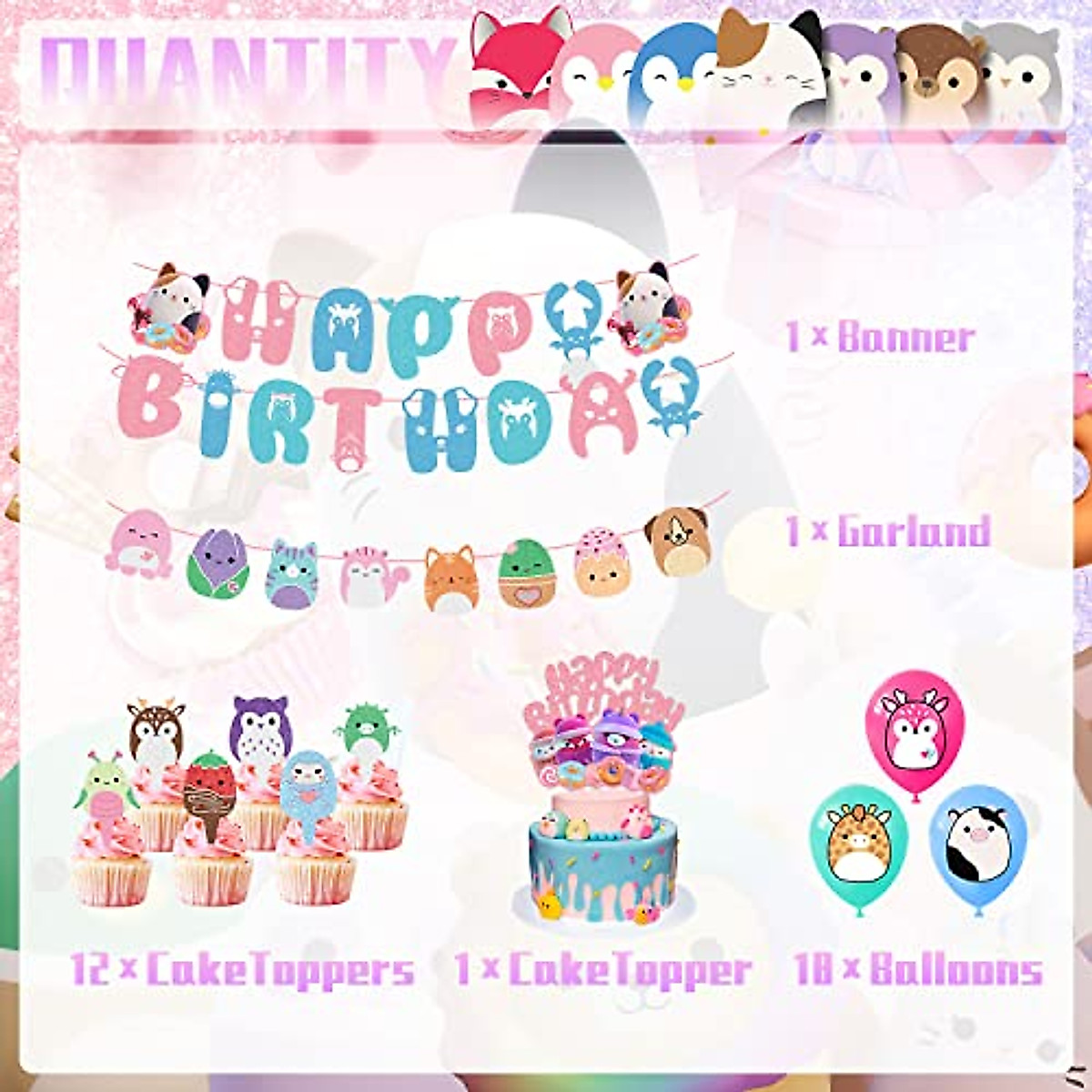 𝓢𝓺𝓾𝓲𝓼𝓱𝓶𝓪𝓵𝓵𝓸𝔀𝓼 𝓟𝓪𝓻𝓽𝔂 Squad Themed Birhthday Party Supplies for Girls Party Decorations Set for Kids and Boys Party Favors Included Banner Balloons Cake Cupcake Toppers