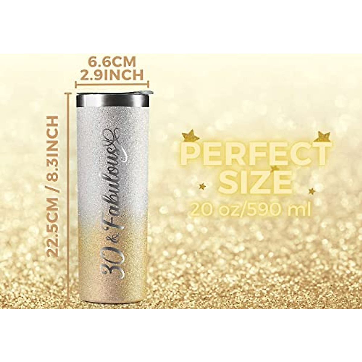 Onebttl 30th Birthday Gifts for Women, Female, Her - 30 and Fabulous - 20oz/590ml Stainless Steel Insulated Glitter Tumbler with Straw, Lid, Message Card - (Gold-Silver Gradient)