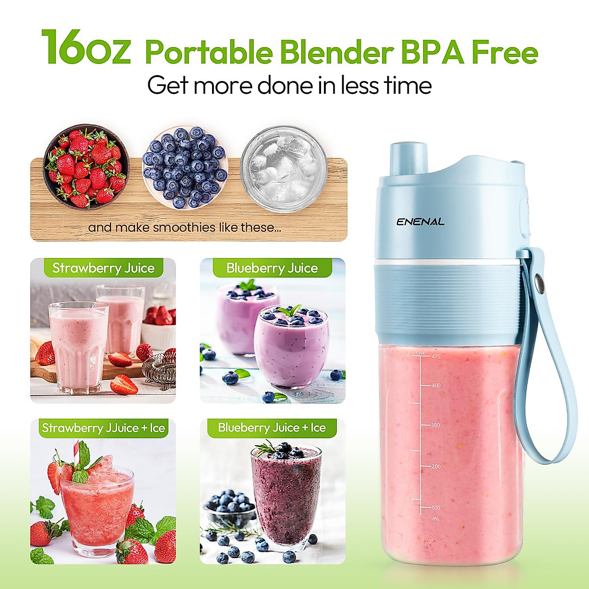 Personal Size Blender, Enenal Portable Blenders Smoothies and Shakes 5000mAh Battery, 16oz Mini Blender USB Rechargeable, Handheld Blender BPA-Free Fruit Smoothie Juicer Cup