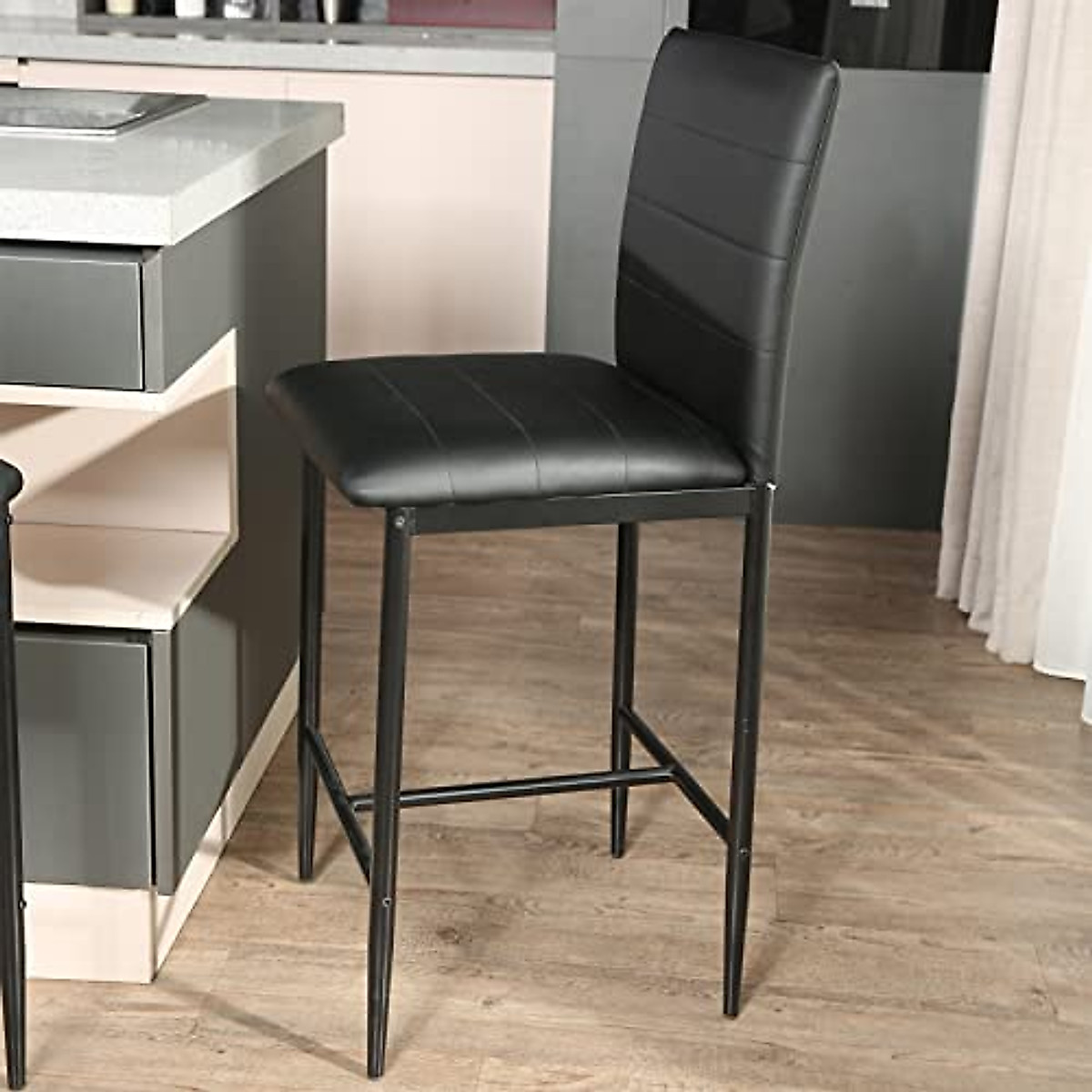 Modern Leather Bar Stools Set of 4 - Counter Height Industrial Bar Stools for Kitchen Island - High Dining Room Chairs with Soft Back Patio Furniture Chairs for Home Garden Pub Bar Backyard (Black)